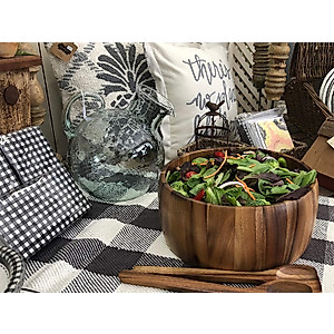 Kalmar Home 12-Inch Acacia Wood Extra Large Smooth Salad Bowl with Servers