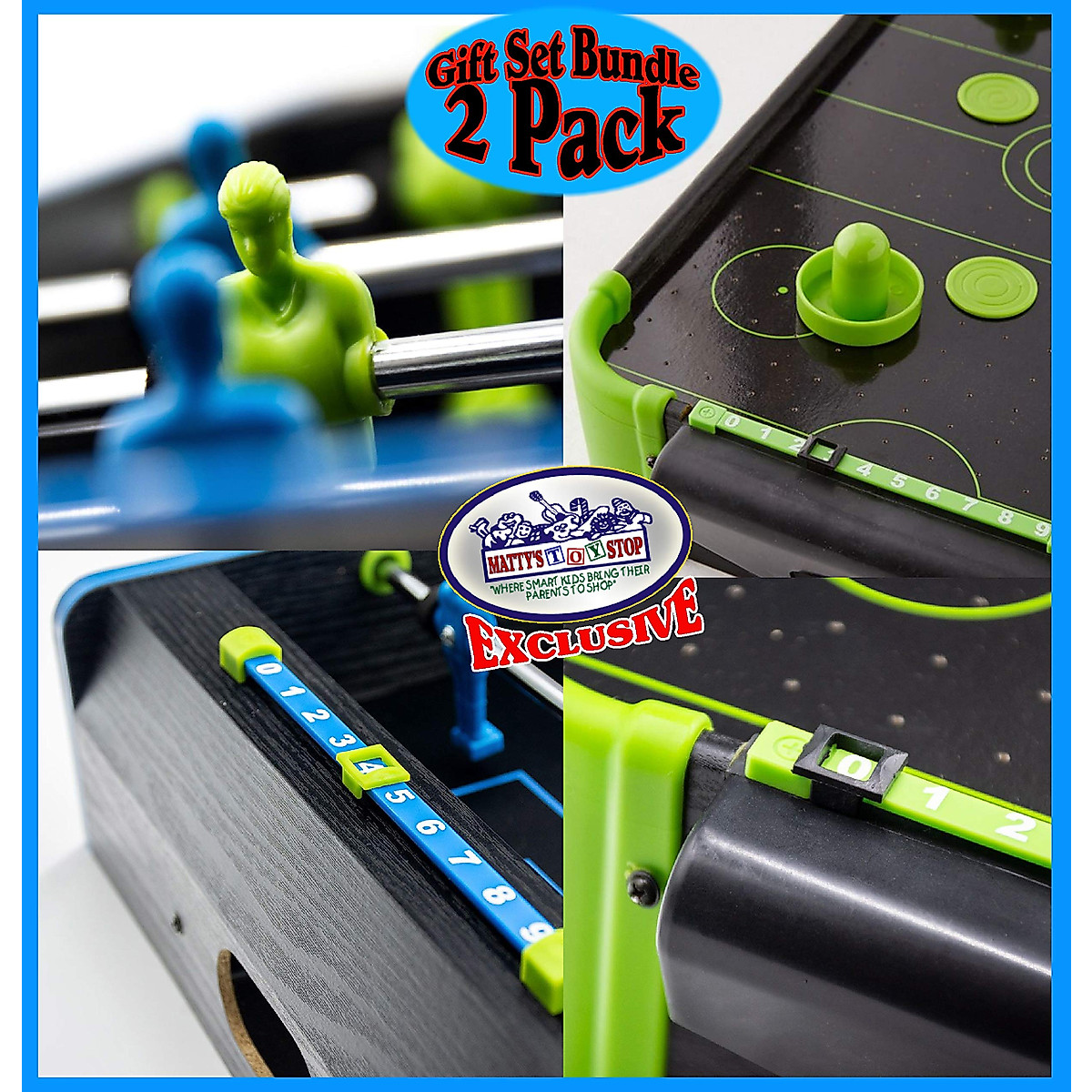 Matty's Toy Stop Deluxe 20" Wooden Tabletop NEON Air Hockey (Extra Pucks) & NEON Foosball (Soccer) (Extra Balls) Games Gift Set Bundle - 2 Pack