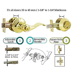 Keyed Alike Front Door Entry Lever with Double Cylinder Deadbolts,Polished Brass,Exterior Entrance Lever Door Handle,Wave Shape Door Lock Gold,Interior Door Handle Set for Front/Back Gate