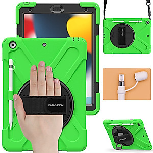 BRAECN iPad Case 9th/8th/7th Generation, 10.2 Inch iPad Case with Hand Strap, Dropproof Kids Case with Kickstand, Shoulder Strap, Pencil Holder, Pencil Cap Holder for 2021/2020/2019 10.2" iPad(Green)