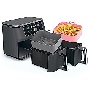 OUTXE 2-Pack 10 QT Silicone Air Fryer Liners for Ninja Dual Zone DZ401/DZ550, Reusable Rectangular Air Fryers Silicone Pot Inserts for Oven Microwave Accessories (Grey+Pink)
