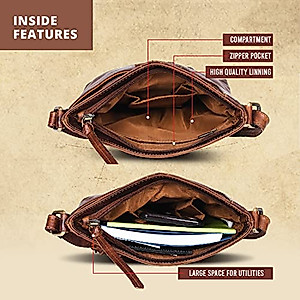 Genuine Leather Crossbody Handbag for Women - Shoulder bag for Womens Handmade by LEVOGUE (BROWN OILY HUNTER), Cognac Vintage, Medium