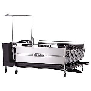 Sabatier Expandable Stainless Steel Dish Rack with Rust-Resistant Soft Coated Wires and Bi-Directional Spout, Gray/Black