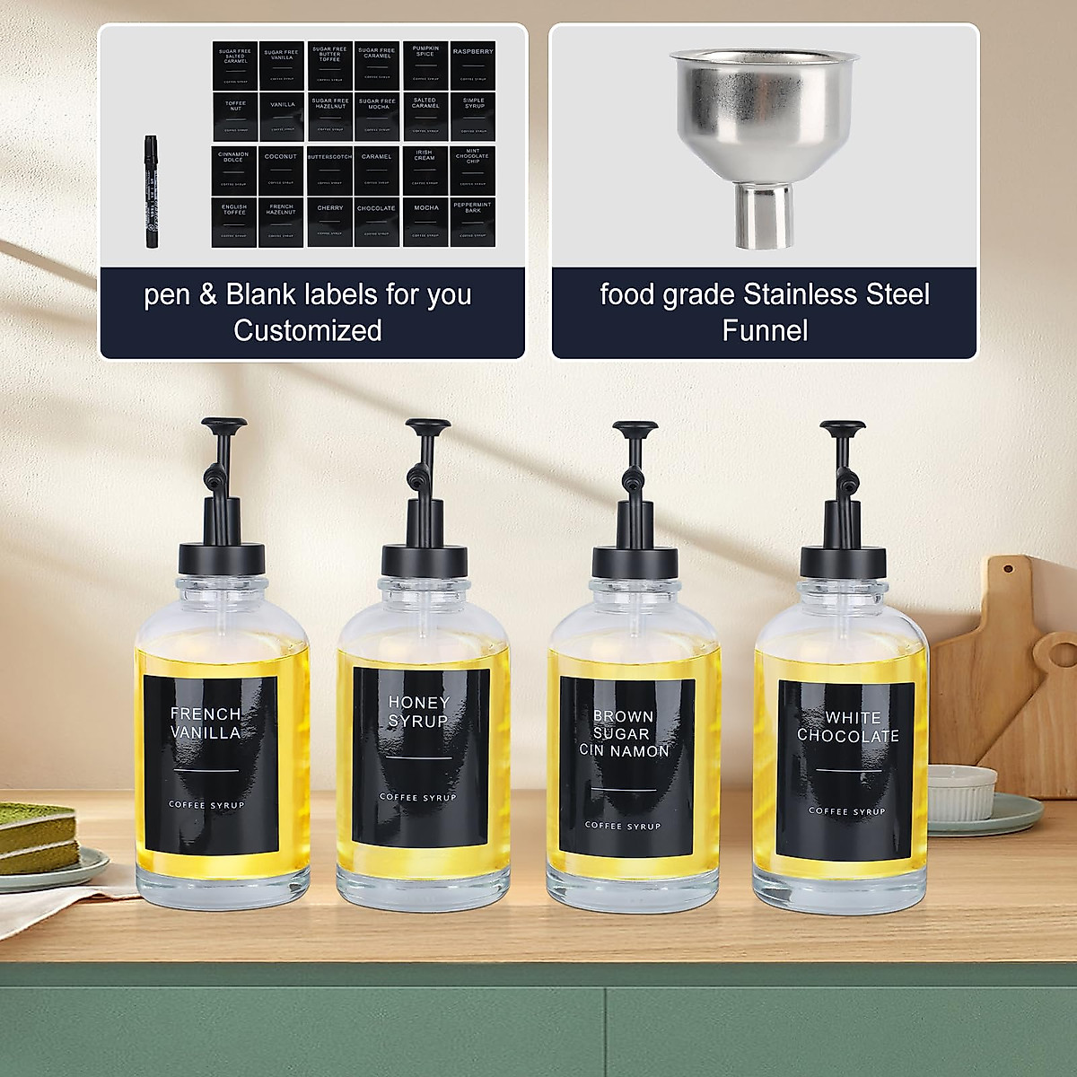 MSTCMZP Coffee Bar Accessories 4 Pack Coffee Syrup Dispenser for Coffee Bar,500ML Glass Coffee Syrup Pump Dispenser,Coffee Syrup Bottles with Labels (4pc black)