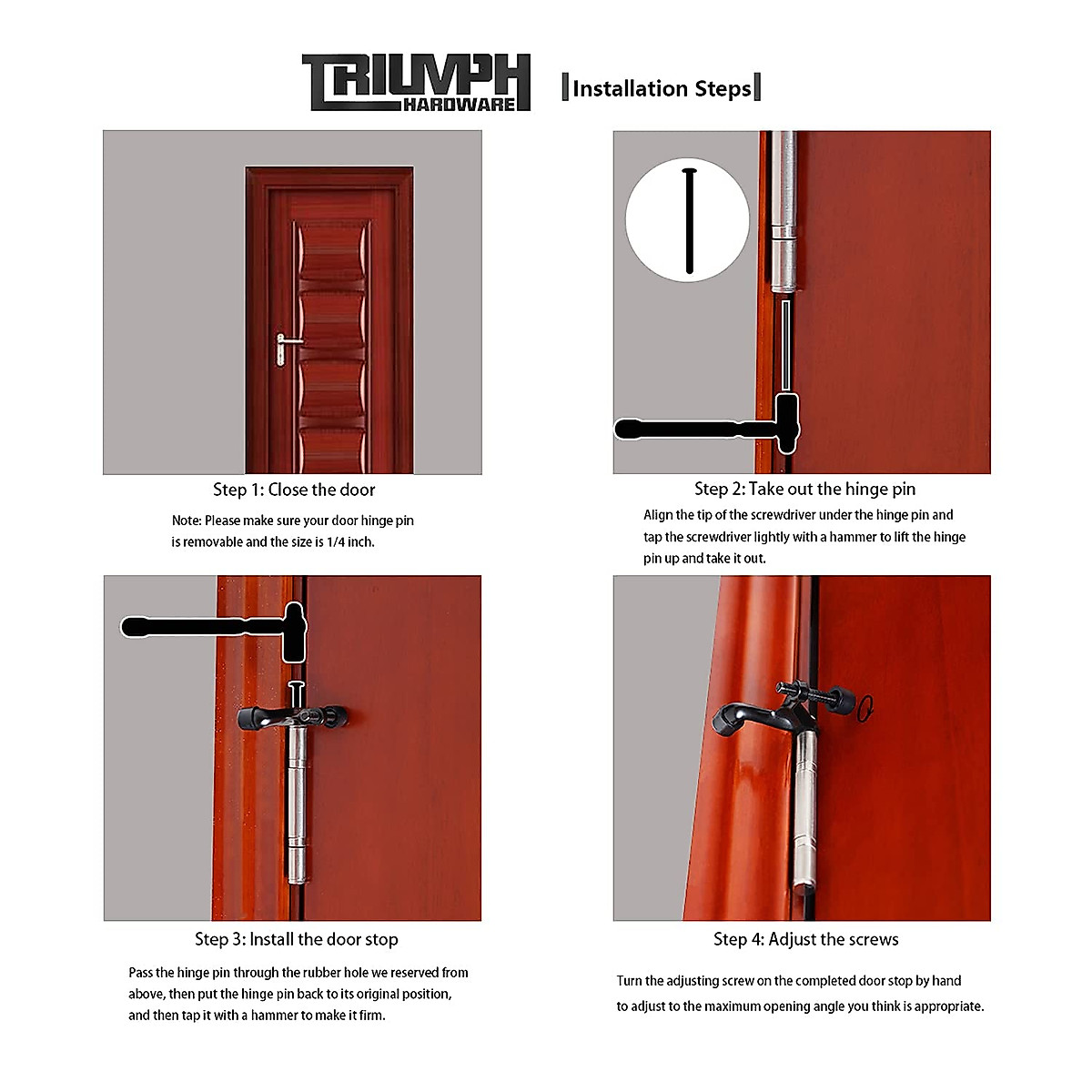 Triumph Hardware 2 Pack Hinge Pin Door Stopper,Adjustable Heavy Duty Door Stopper 2-3/8"x15/16”,Dull Chrome,with Black Rubber Bumper Tips