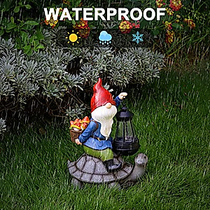 Gnome and Turtle Garden Decor, Large Outdoor Garden Sculptures & Statues, Outside Patio Yard Lawn Decorations, Housewarming for Women, Mom, Grandma with Solar Lantern