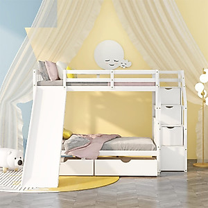 Harper & Bright Designs Bunk Bed with Slide and Stairs Twin Over Full Bunk Beds Wood Frame with Storage Drawers for Kids Boys Girls Teens, White