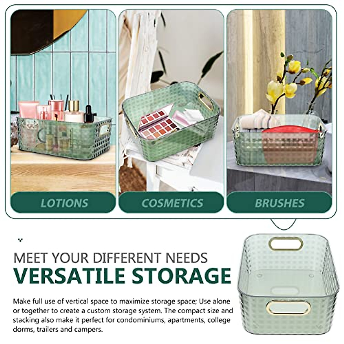 LIOOBO Plastic Storage Bin Tote: Clear Organizer Baskets Organizing Container Fridge Storage Bin Stackable Sundries Decorative Shelf Basket for Office Entryway Closet Cabinet Green