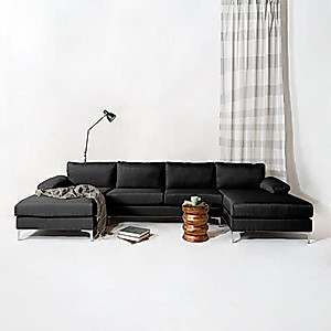 Casa Andrea Milano Modern Large Linen Fabric U-Shape Sectional Sofa, Double Extra Wide Chaise Lounge Couch, Black