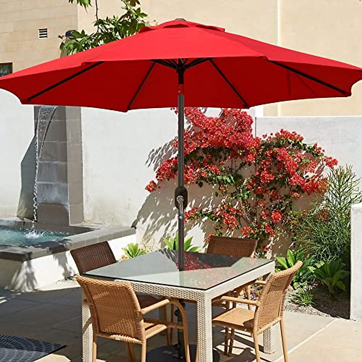 Blissun 9ft Patio Umbrella, Manual Push Button Tilt and Crank Garden Parasol (Red)