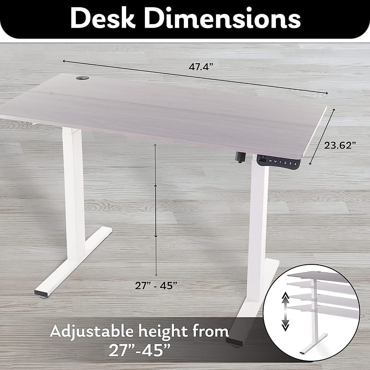 Generic Electric Standing Desk - Adjustable Height Desk with Laptop Stand, Sit Stand Desk, Riser Table (48 inch x 24 inch), Smoothly and Quietly Adjust from 27 to 45 inches, White Frame, Gray Desktop