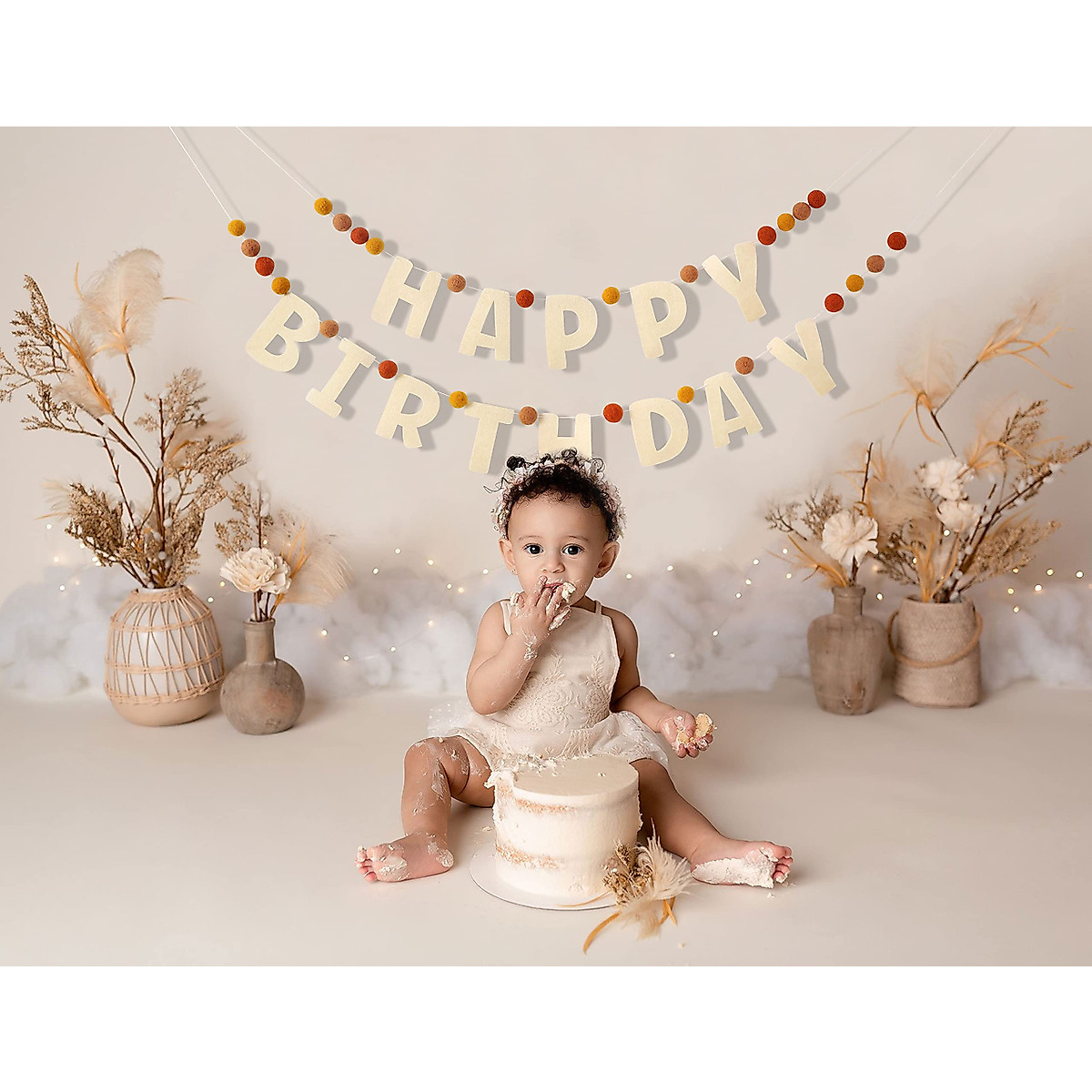 Boho Felt Happy Birthday Garland - Natural Handmade Wool Letters & Balls, Boho Birthday Decoration, Decorations for Children's Birthday Parties, Assembled Happy Birthday Banner