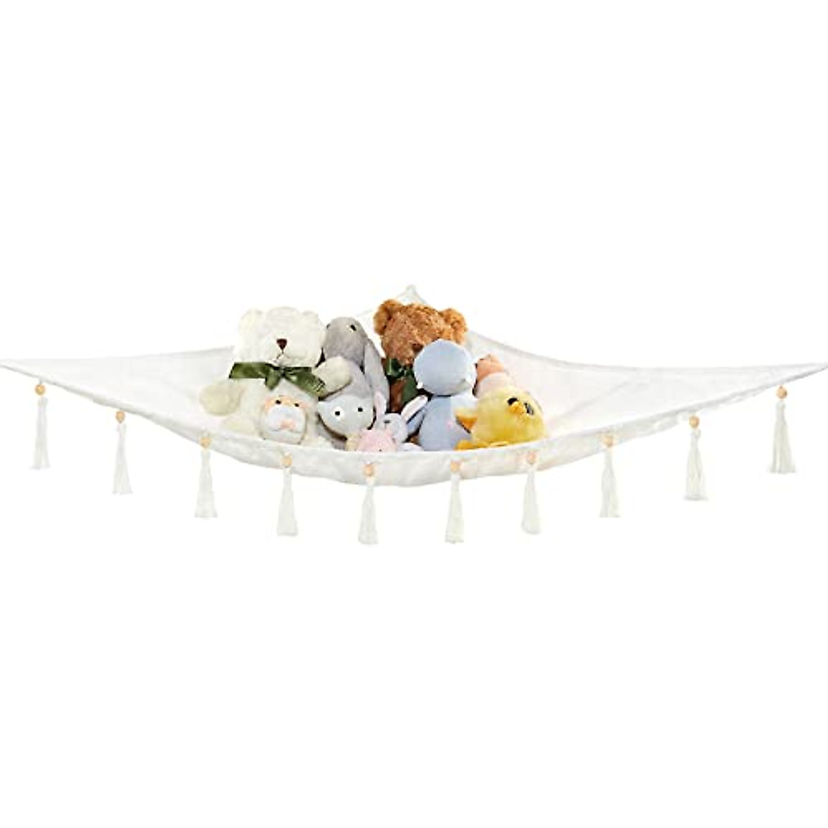 Mkono Stuffed Animal Hammock Macrame Hanging Toy Storage Organizer with Tassels Boho Large Corner Toy Net Hammock for Stuffed Animals Plush Toys Display Holder for Nursery Kid Room Playroom Bedroom