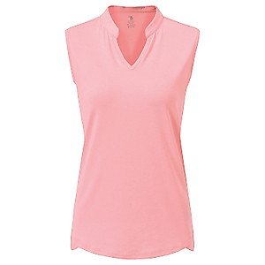 BGOWATU Women's Golf Polo T-Shirts Sleeveless V Neck Collarless Tennis Shirts UV Protection Quick Dry Lightweight Pink L