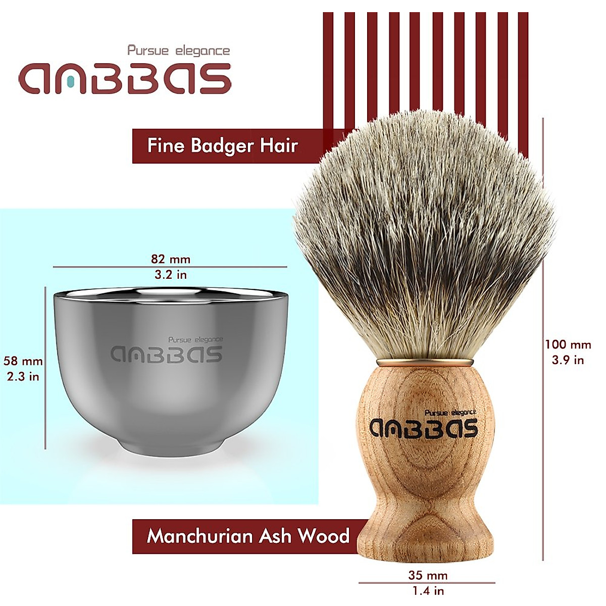 Shaving Set, 3in1 Pure Badger Hair Shaving Brush Natural Solid Wood Handle and Stainless Steel Shaving Stand with Shaving Bowl Dia 3.2 inches for Men Wet Shaving by Anbbas