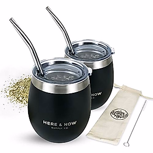 Here & Now Yerba Mate Cup and Bombilla Set | 2 Mate Gourds, Spill Resistant Lids, & Mate Straws | Bombilla Brush & Pouch Included | Yerba Mate Gourd Kit with Bombilla Mate & Mate Tea Cups (Black)