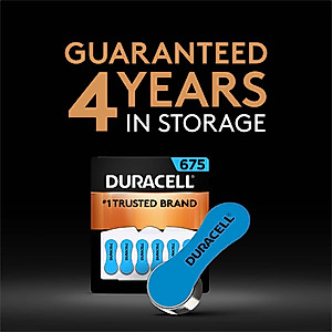 Duracell Hearing Aid Batteries Blue Size 675, 6 Count Pack, 675A Size Hearing Aid Battery With Long-lasting Power, Extra-Long EasyTab Install For Hearing Aid Devices