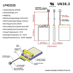 EEMB Lithium Polymer Battery 3.7V 320mAh 402535 Lipo Rechargeable Battery Pack with Wire Molex Connector for Speaker and Wireless Device- Confirm Device & Connector Polarity Before Purchase