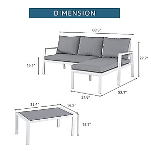 Soleil Jardin Outdoor Patio Furniture Set with Chaise Lounge, Aluminum Sofa Set for Porch Garden, Space Saving L-Shaped Corner Sectional Chair with Glass Coffee Table, White Finish & Grey Cushion
