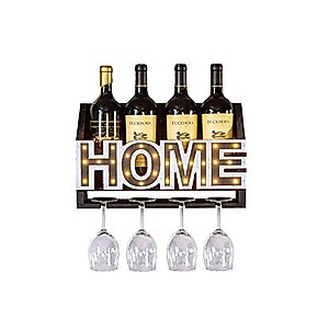 ienjoyware Wooden Wall Mounted Home LED Wine Rack and Glass Holder – Wall Décor for Home Interior – Wine Racks Display with LED – 4-Bottle and 4-Glass Holder