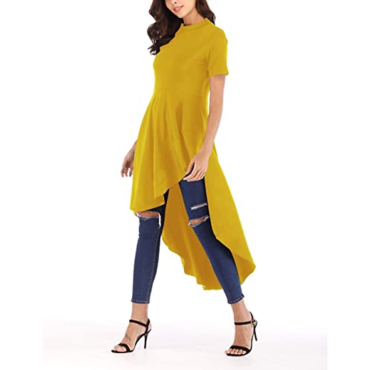 Women's Ruffle High Low Asymmetrical Irregular Hem Tops Short Sleeve Tunic Top Yellow S