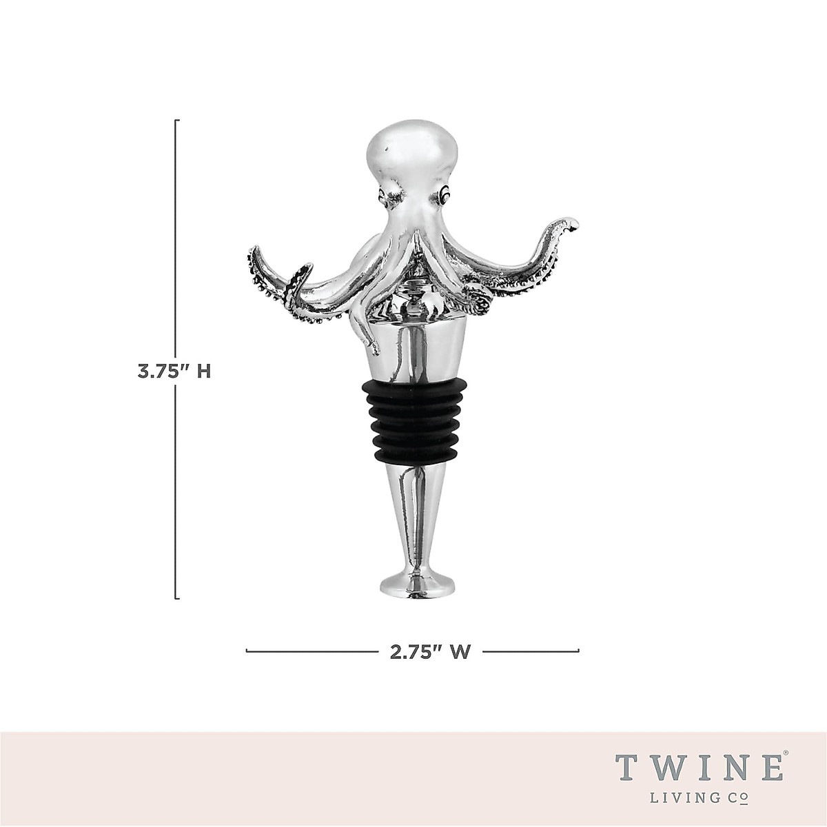 Twine Octopus Wine Bottle Stopper, Keep Wine Fresh, Fits Standard Bottles, Metal, Rubber Seal, Silver, Set of 1