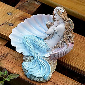 Blue Mermaid Figurines Resin Mermaid with Shell Sculpture Mediterranean Princess Ornaments Home Office Desktop Bookshelf Mermaid Collectible Figurines Crafts Fish Tank Aquarium Decoration
