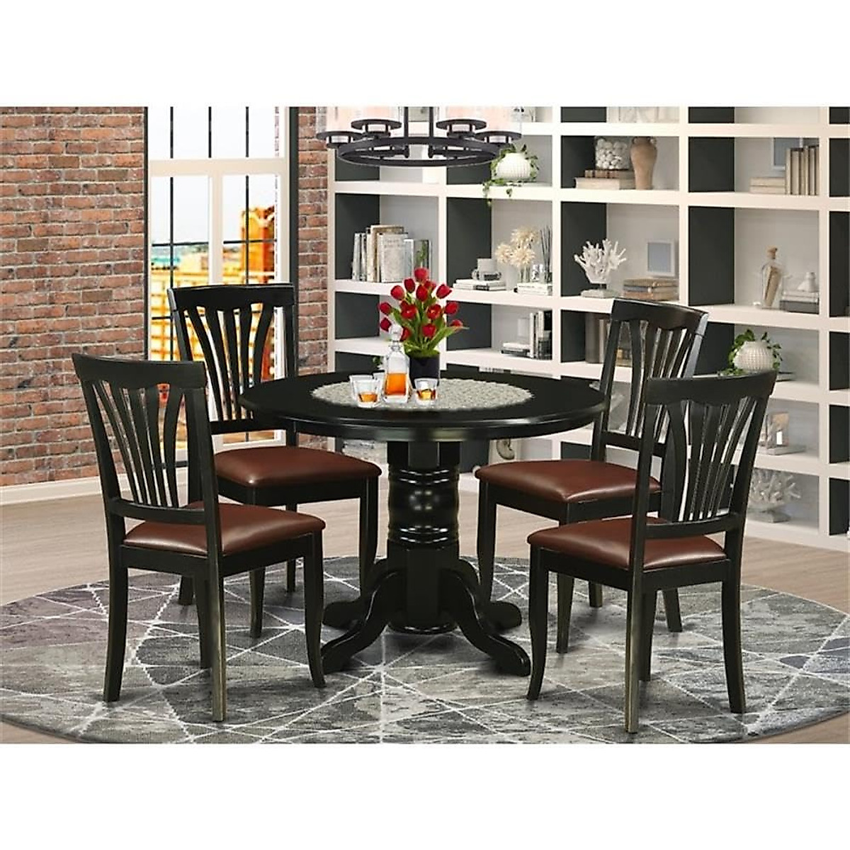 East West Furniture SHAV5-BLK-LC 5 Piece Modern Dining Table Set Includes a Round Kitchen Table with Pedestal and 4 Faux Leather Dining Room Chairs, 42x42 Inch, Black