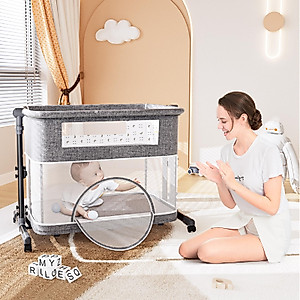 Ixdregan 3 in 1 Baby Bassinet - Baby Bedside Bassinet with Wheels and Mosquito Net, Included Storage Bag & Adjustable Height, Upgrade Thickened Cushion Baby Bedside Crib for Newborn Infant (Grey)