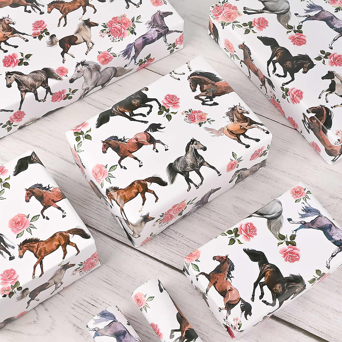 12 Sheets Horse Floral Wrapping Paper Run for The Roses Themed Gift Wrap Paper for Kentucky Derby Party Horse Racing Birthday Party DIY Craft, 19.7 × 27.6 Inch