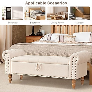 Furniliving 51” Storage Bench, End of Bed Bench with Button-Tufted Large Upholstered Storage Ottoman Linen Window Bench with Storage Shoe Cabinet Bench, for Bedroom, Entryway, Closet, Beige