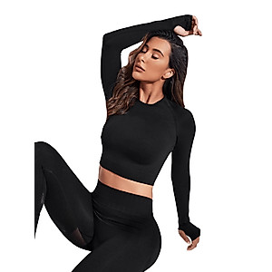 SweatyRocks Women's Yoga Exercise Sport Crop Tops Long Sleeve Thumb Holes Slim Fit Solid Running Gym Tee Shirts Black L