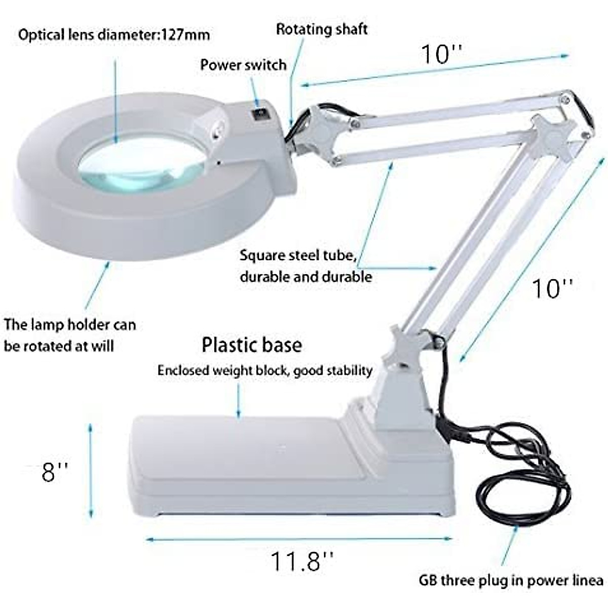 Zorvo LED Magnifying Glass Desk Lamp for Close Work,10x Magnification lamp with Large Glass 5" Diameter- Lighted Magnifier for Reading, Crafts & Pro Tasks Hobby Adjustable Arm