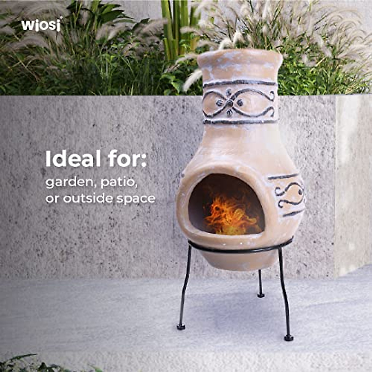 Wiosi Small Chiminea Outdoor Fireplace – Wood Burning Clay Chiminea with Protective Chimney Rain Lids and Solid Metal Stands - Terracotta Chimenea for Patio, Garden – Rustic Fire Pit Chimnea Chimney