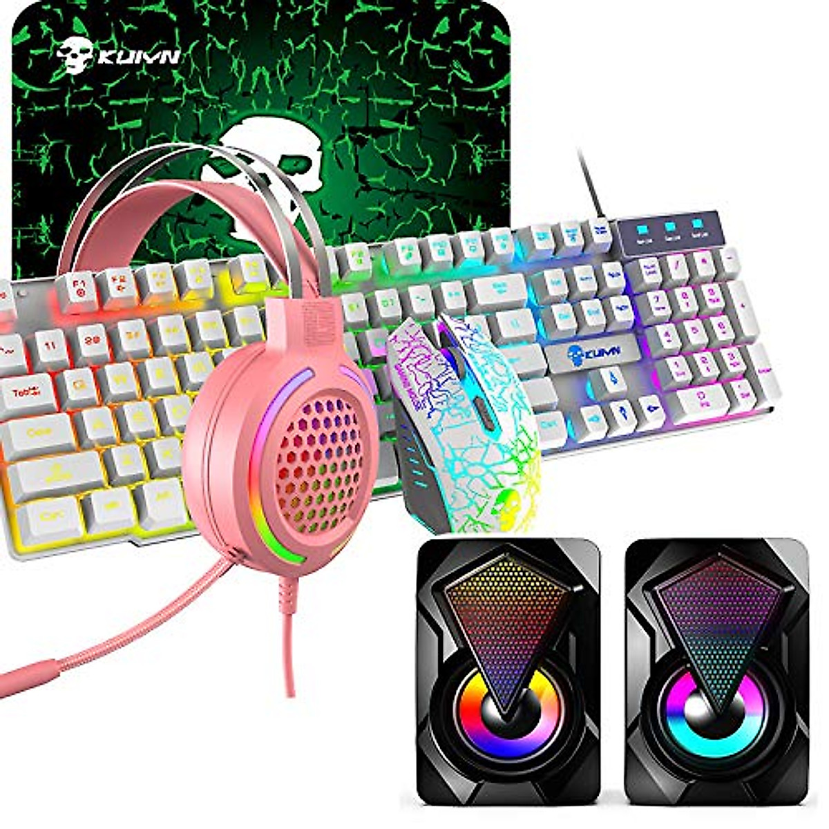 5 in 1 Combo Set Gaming Keyboard and Mouse, 12W HD Horn, Optical Mouse, Gaming Headset, RGB Dazzling Backlight Wired 104 Key Computer Keyboard (White)
