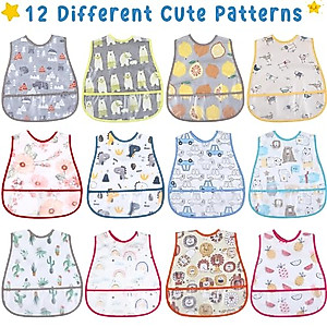 Jeyiour 24 Pcs Baby Waterproof Bibs with Food Catcher Adjustable Snaps Plastic Feeding Bibs for Toddlers, 6 to 36 Months