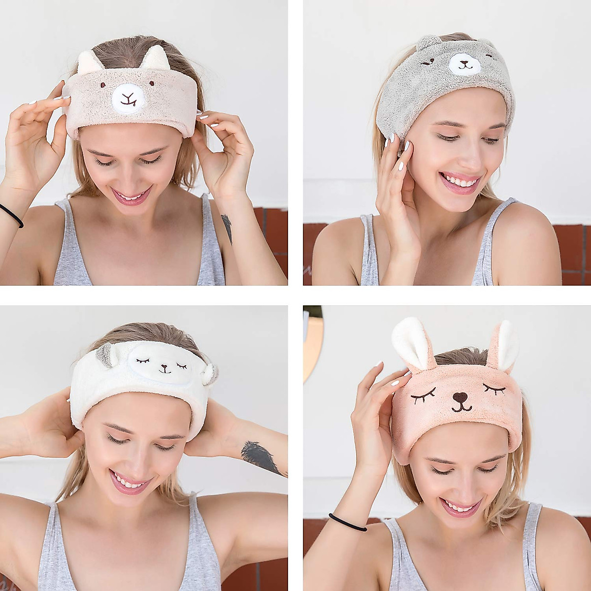 Ergonflow 4 Pack Animal Coral Fleece Spa Headband Makeup Headband Cosmetic Headband for Washing Face Wash Headband Cosmetic Headband Shower Headbands