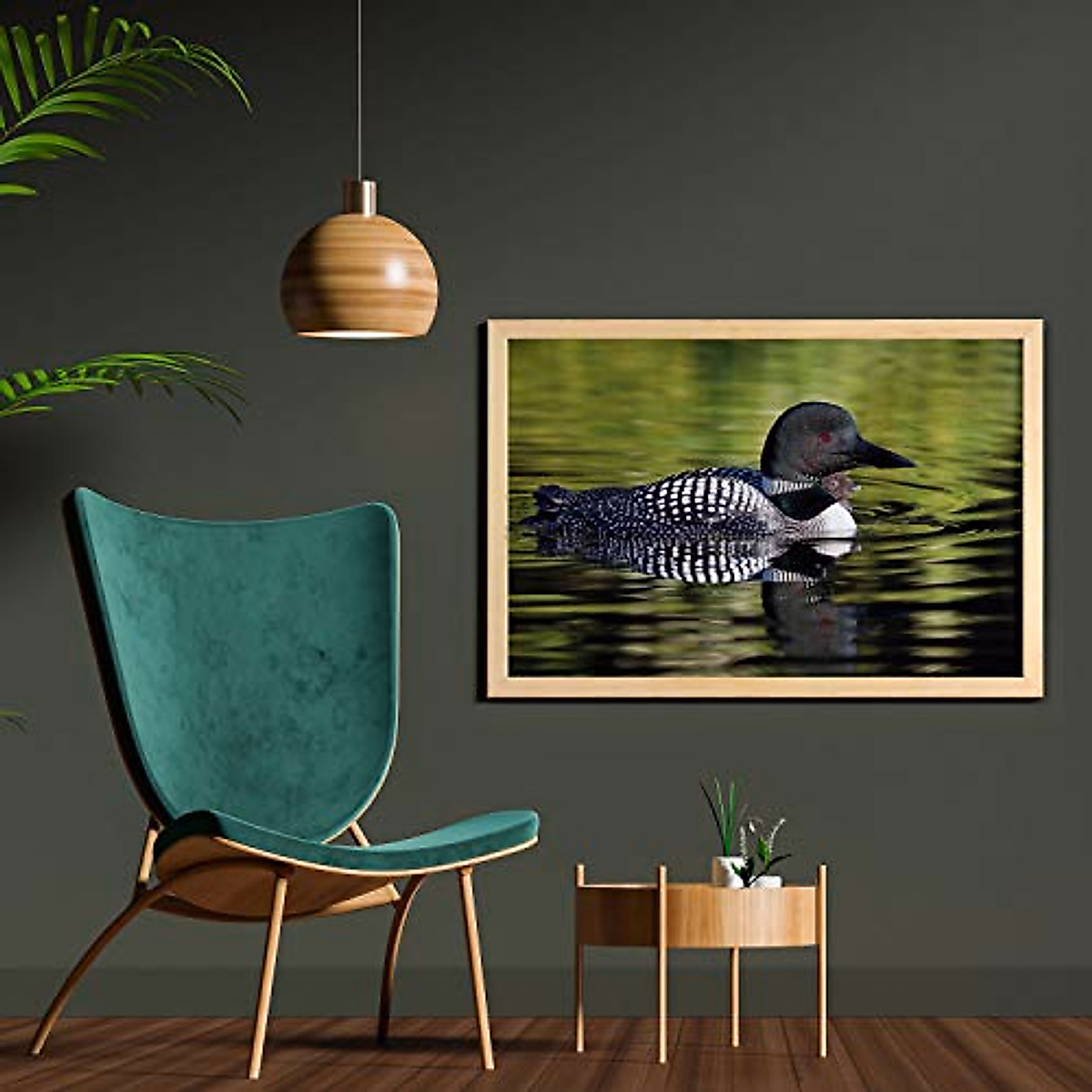 Ambesonne Loon Wall Art with Frame, Waterbird Swimming in a Lake in Spring Outdoor Scene, Printed Fabric Poster for Bathroom Living Room Dorms, 35" x 23", Green Dark Grey