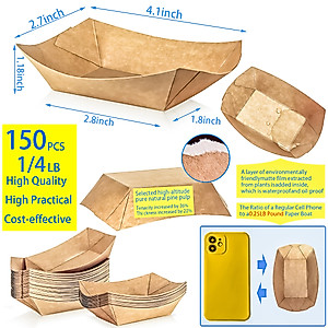 MotBach 150 Pack 1/4Lb Paper Food Boat Trays Disposable Small Paper Boats Plates Containers, 0.25Lb Mini Kraft Food Serving Boat Tray Baskets for Snack Fries Dessert Popcorn BBQ Sauce Tacos Nacho