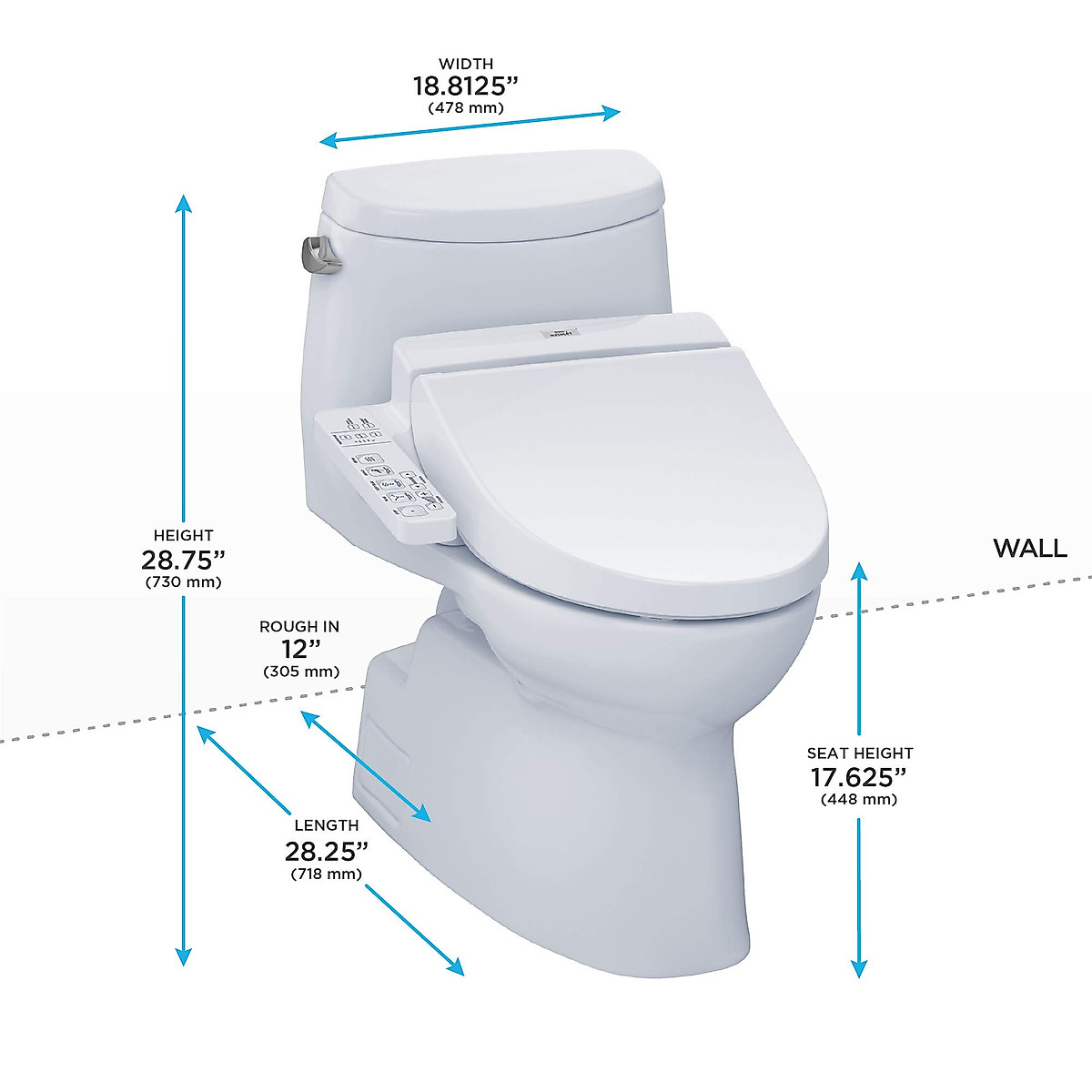 TOTO MW6142034CEFG#01 WASHLET+ Carlyle II One-Piece Elongated 1.28 GPF Toilet and WASHLET C100 Bidet Seat, Cotton White