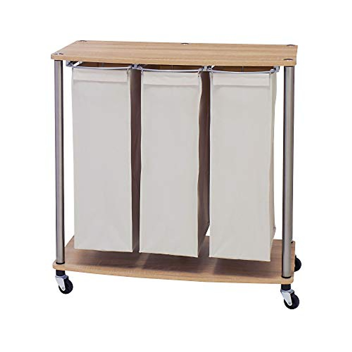 Household Essentials 7050-1 3 Bag Cart | Light Brown Triple Laundry Sorter with Folding Table, Walnut