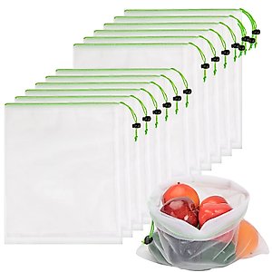 JSVSLTD Set of 12 Reusable Mesh Produce Bags - Washable Produce Bags - 12 Green Medium (12"x14") See-through Mesh Produce Bags for Storage Fruit, Vegetable, Toy