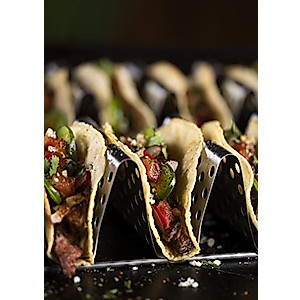 BLACKSTONE 5551 Deluxe Holder Stand Pack of 2 Stainless Steel Racks with Heat Resistant Handles-One Tray Holds 6 Tacos-Dishwasher Safe, Black/Silver