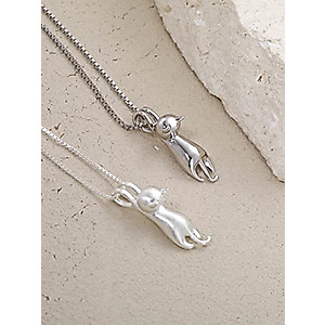 S.Leaf S925 Sterling Silver Cat Necklace Polish Mirror Silver Cat Pendant Collarbone Necklace
