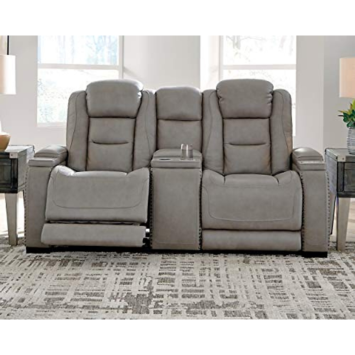 Signature Design by Ashley The Man-Den Leather Power Reclining Loveseat with Center Console, Adjustable Headrest & Wireless Charging, Gray