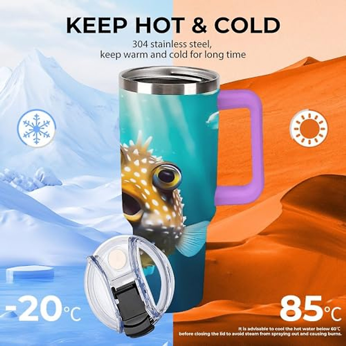 Cute Puffer Fish 40 Oz Car Cup Stainless Steel Travel Mug Leak-Proof Insulated Tumbler with Handle Violet-style