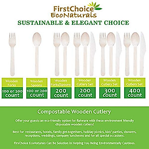 FirstChoice EcoNaturals 300 Count Disposable Wooden Cutlery Set, 100 Forks, 100 Spoons, 100 Knives, Wooden Utensils in Paper Box with Sectional Tray