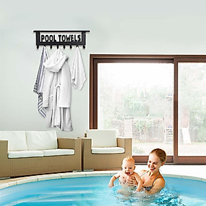 Kuhome Pool Towel Racks with Shelf Outdoor Pool Decor Wall Mount Towel Hooks Towel Holder with 8 Hooks Black Towel Storage Hanger Organizer for Bathroom Pool Accessories