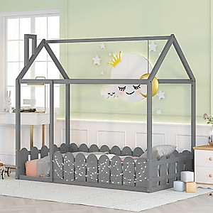 Harper & Bright Designs Twin House Bed Frame for Kids, Wood Twin Montessori Bed with Fence-Shaped Guardrails, Toddler Floor Bed Frames for Girls, Boys,Grey