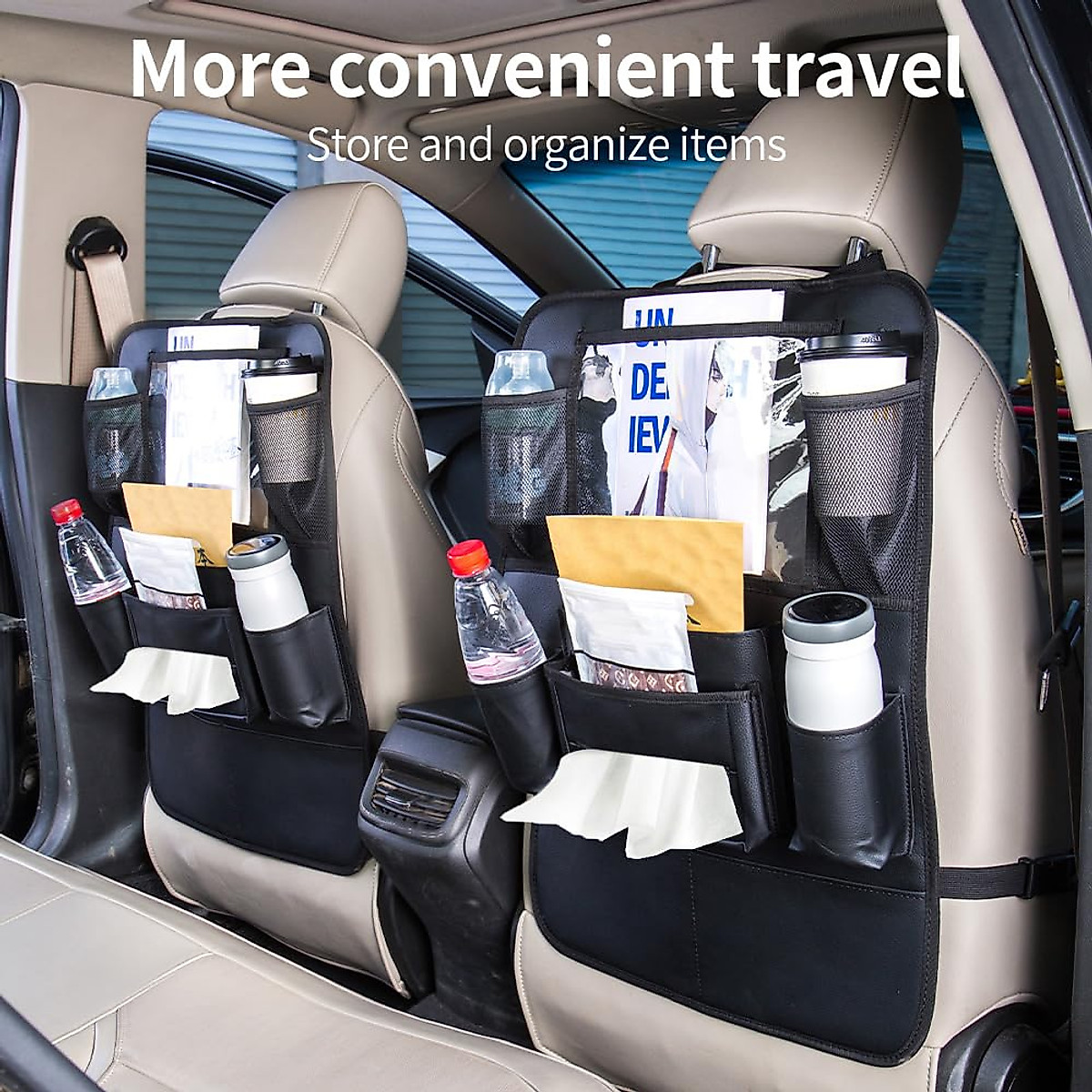 2 Pack PU Leather Premium Car SeatBack Organizer Travel Accessories, Kick Mats Back Seat Protector with Touch Screen Tablet Holder, Car Back Seat Organizer for Kids, Car Travel Accessories